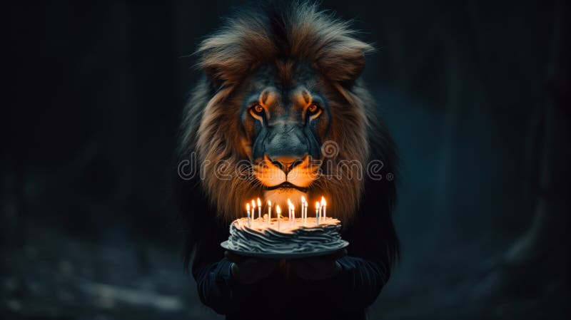 Majestic Lion Presenting a Lit Birthday Cake in a Whimsical Celebration ...