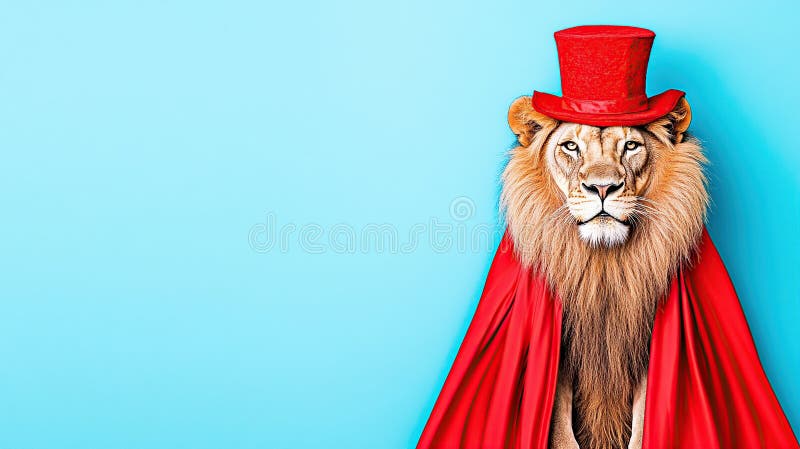 Majestic Lion in Red Cape and Hat, Blue Backdrop, Circus Theme ...