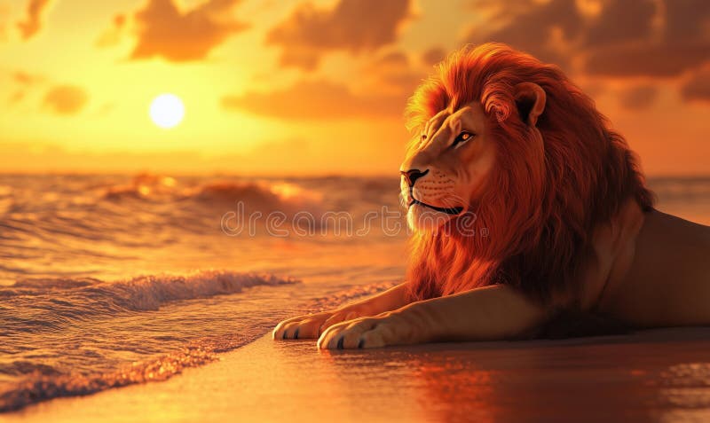 Majestic Lion Resting on Beach at Sunset with Vibrant Ocean Waves Stock ...