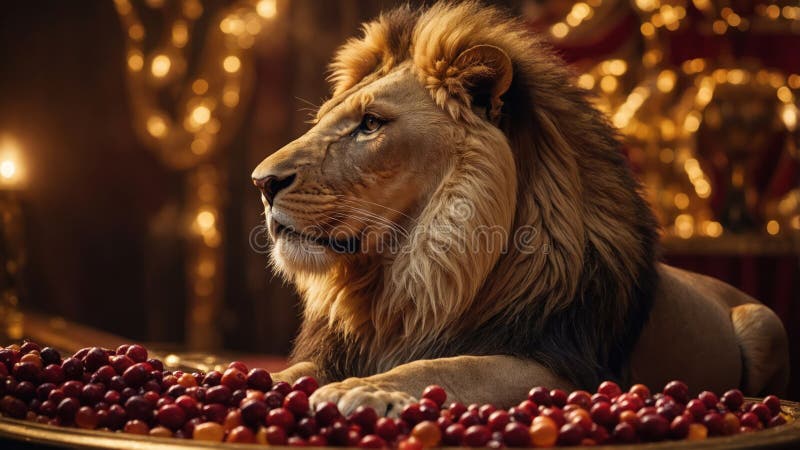 Majestic Male Lion Resting Amidst a Pile of Red Berries in a Golden ...