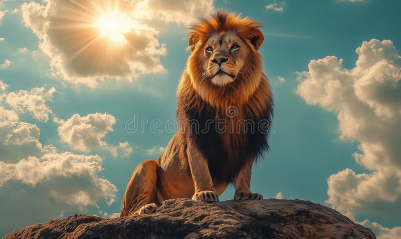 Majestic Lion Resting on Rock Under Bright Sun with Dramatic Clouds ...