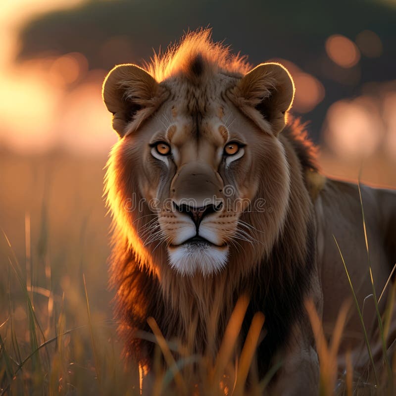 Majestic Lion Roaming the Savanna at Sunset Stock Photo - Image of ...