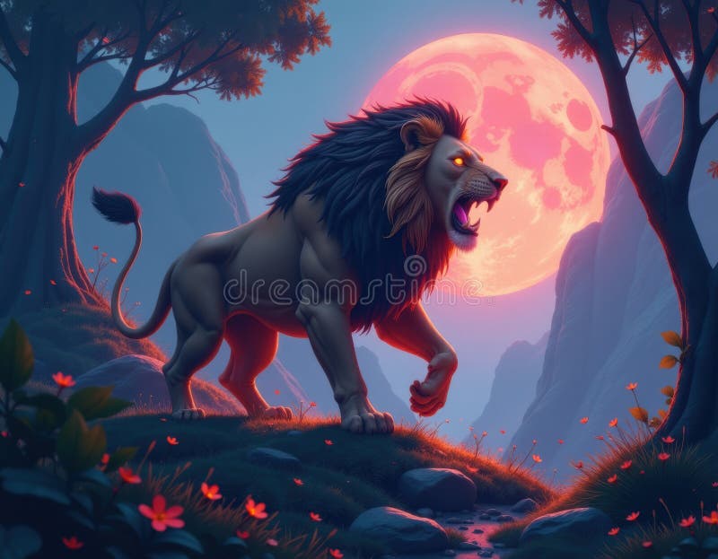 Majestic Lion Roaring Under Blood Moon Stock Illustration ...
