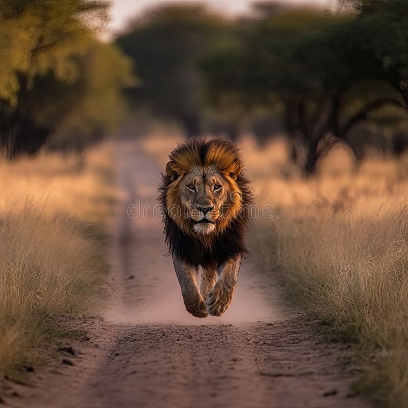 Majestic Lion Running on Savanna Path Stock Illustration - Illustration ...