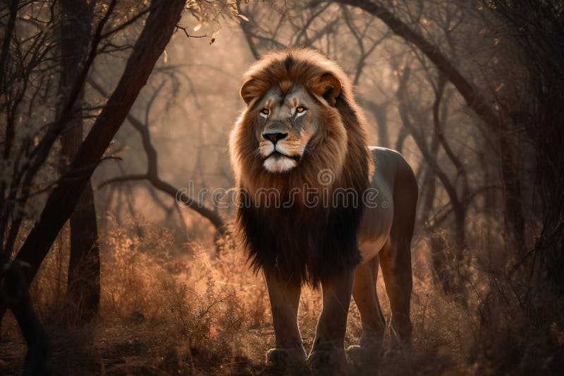Majestic Lion Standing Still in the Forest. Created with Generative AI ...