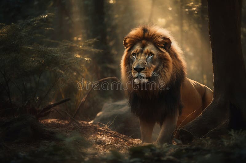 Majestic Lion Standing Still in the Forest. Created with Generative AI ...