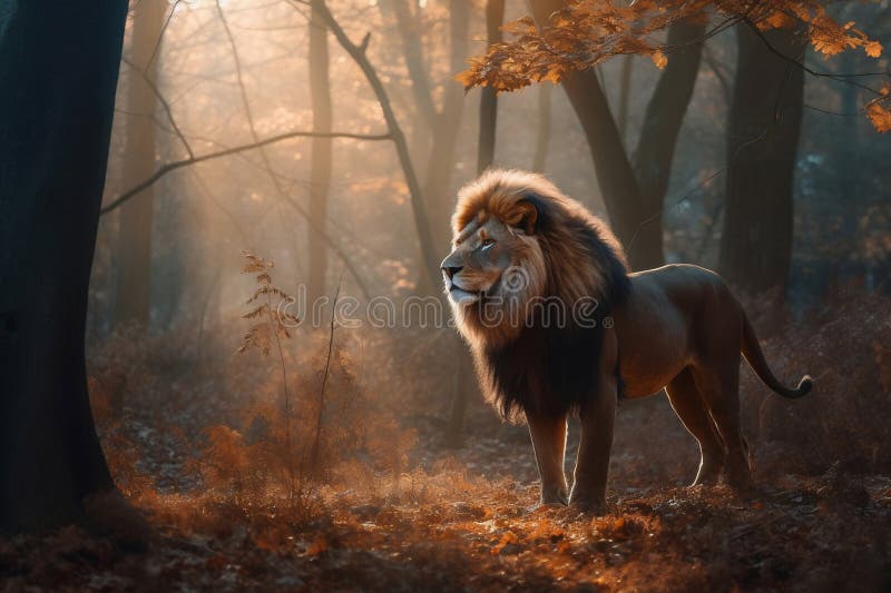 Majestic Lion Standing Still in the Forest. Created with Generative AI ...