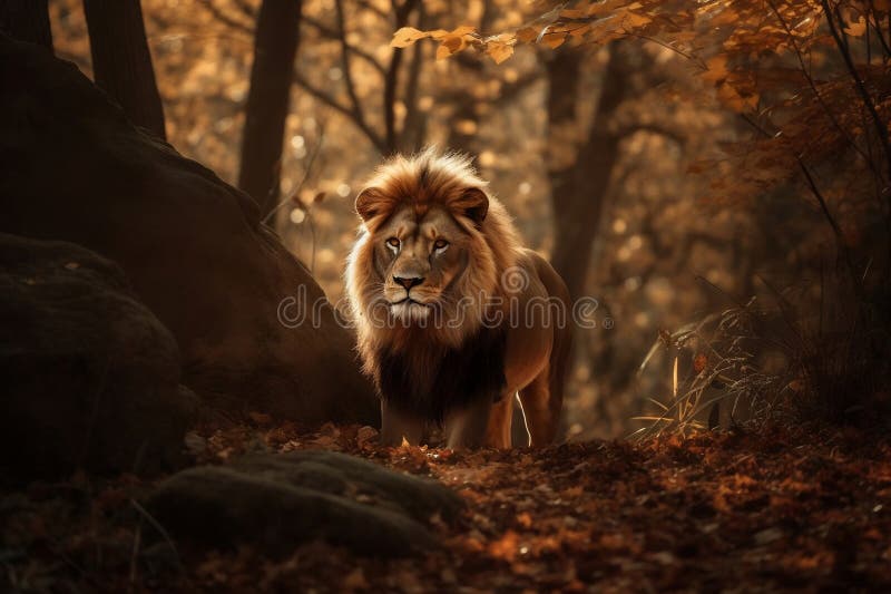 Majestic Lion Standing Still in the Forest. Created with Generative AI ...