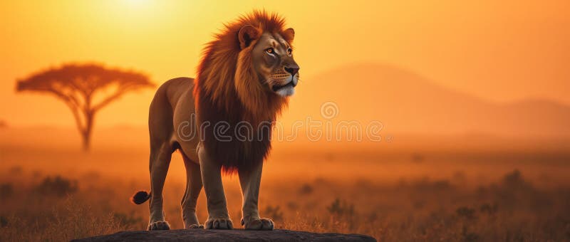 Majestic Lion Standing Tall with Golden Mane Illuminated by the Setting ...