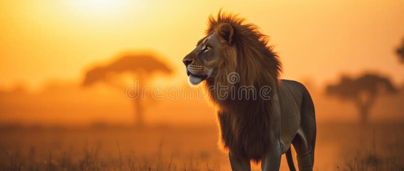 Majestic Lion Standing Tall with Golden Mane Illuminated by the Setting ...