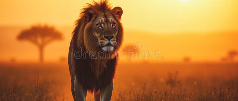 Majestic Lion Standing Tall with Golden Mane Illuminated by the Setting ...