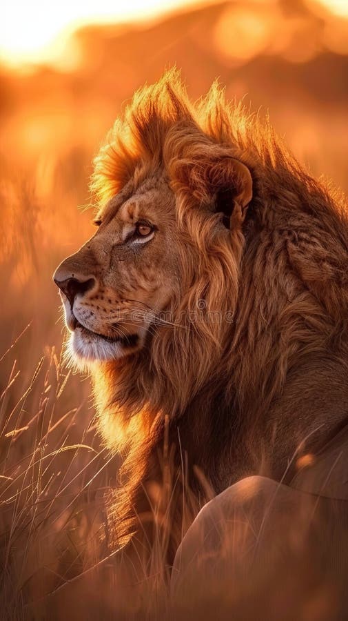 Majestic Lion in Sunset Grassland Stock Photo - Image of nature ...