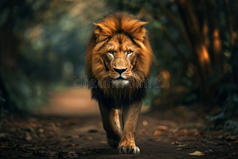 A Majestic Lion Walking through a Lush Jungle. Stock Photo - Image of ...