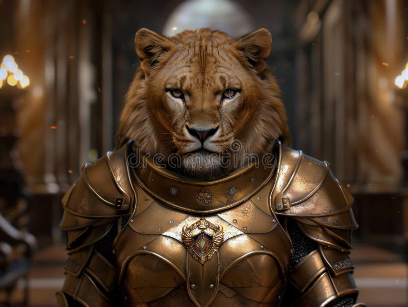 Majestic Lion Warrior in Golden Armor Stock Illustration - Illustration ...