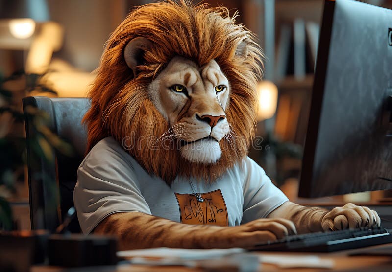 A Majestic Lion Working on a Computer in a Modern Office Setting: a Surreal Blend of Wild and ...
