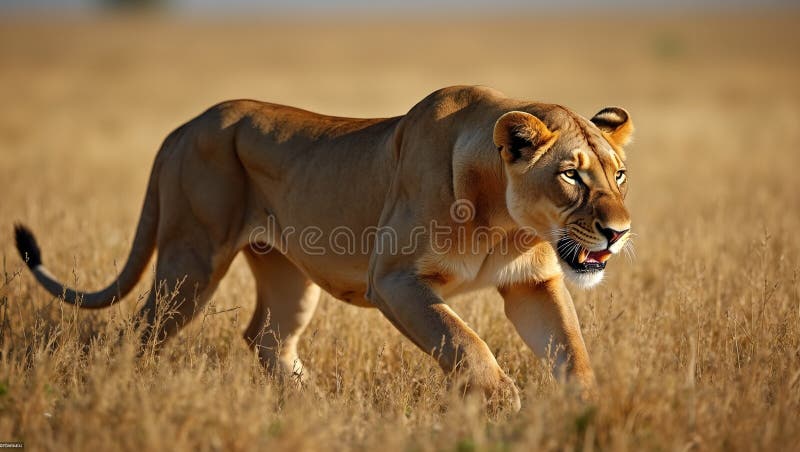 Majestic Lioness Hunting in Tall Grass Ready To Strike Stock ...