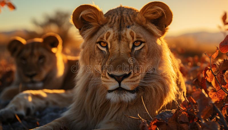 Majestic Lioness in the Wild, Looking at Camera, at Sunset Generated by ...