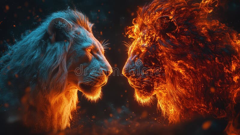 Majestic Lions Facing Each Other with Fiery and Dark Elements in ...