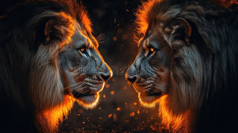 Majestic Lions Facing Each Other Fiery Dark Elements Dramatic Contrast ...