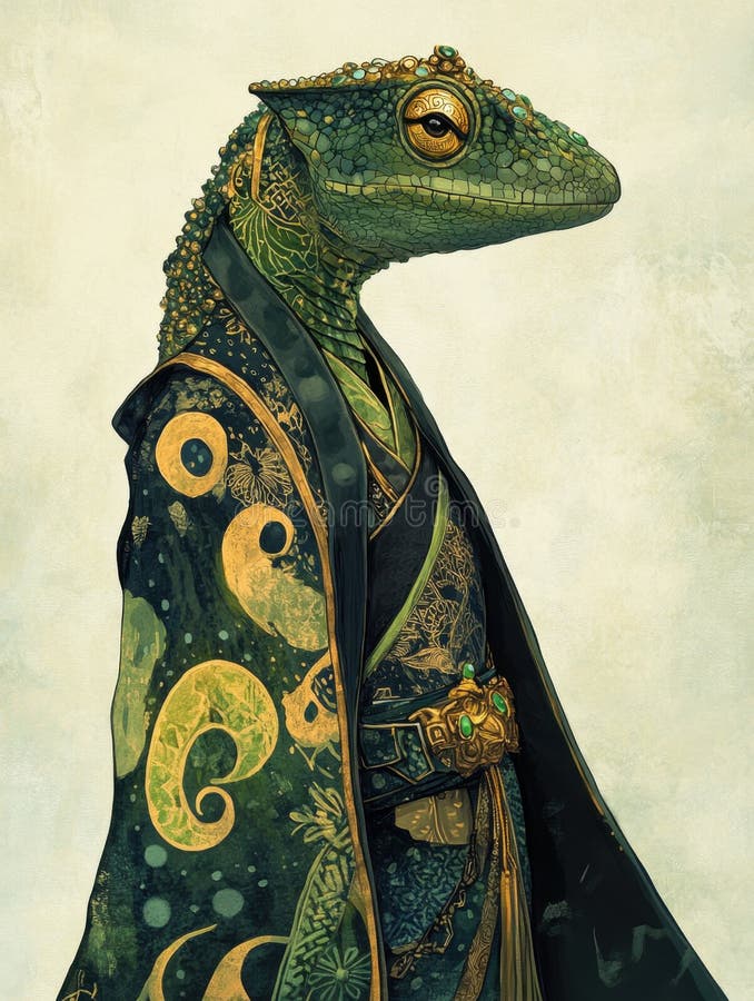 Majestic Lizard in Intricate Robe with Golden Embellishments Stock ...