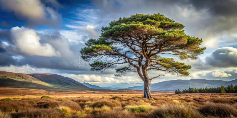 Majestic Lone Tree on a Sprawling Highland Plain Under a Dramatic Sky ...