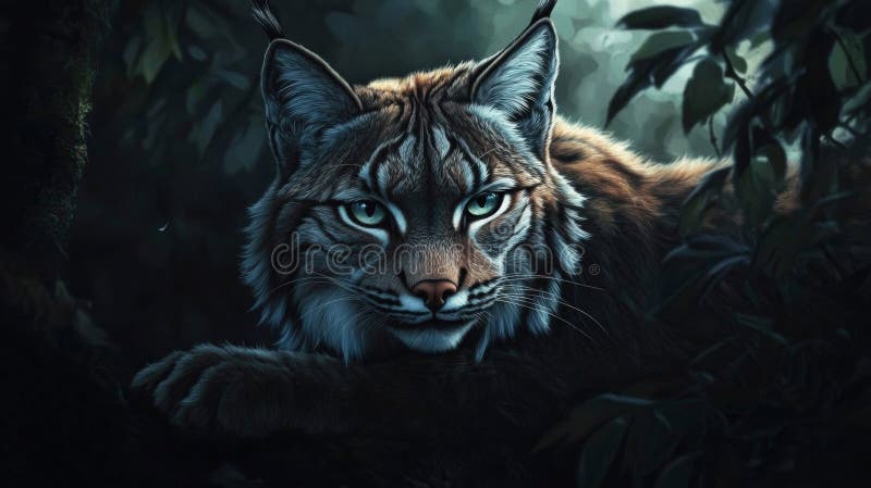 Majestic Lynx Portrait in Dark Forest Setting Stock Illustration ...