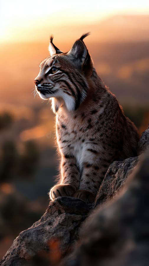 Majestic Lynx at Sunset Perched on Rocky Ledge in Golden Light Stock ...
