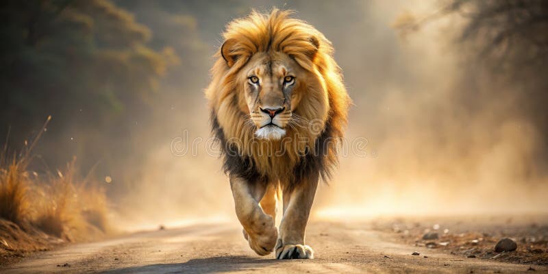 Majestic Male Lion Walking Towards the Camera on a Dusty Path at ...
