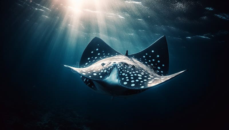 Majestic Manta Ray Swimming Below Tropical Reef in Deep Water Generated ...
