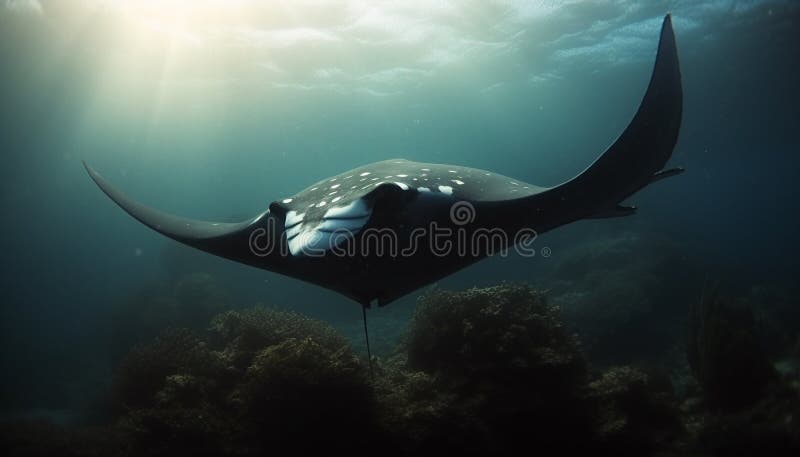 Manta Ray Swimming in the Blue Ocean with Sun Rays Beaming Down from ...