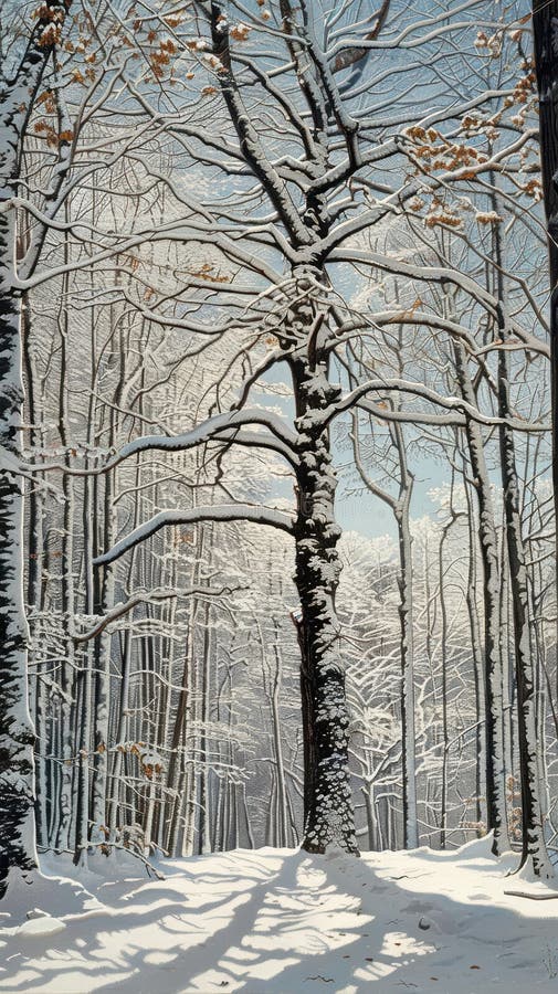 A Majestic Maple Tree in Snow beside a Dark Forest Creates a Striking ...