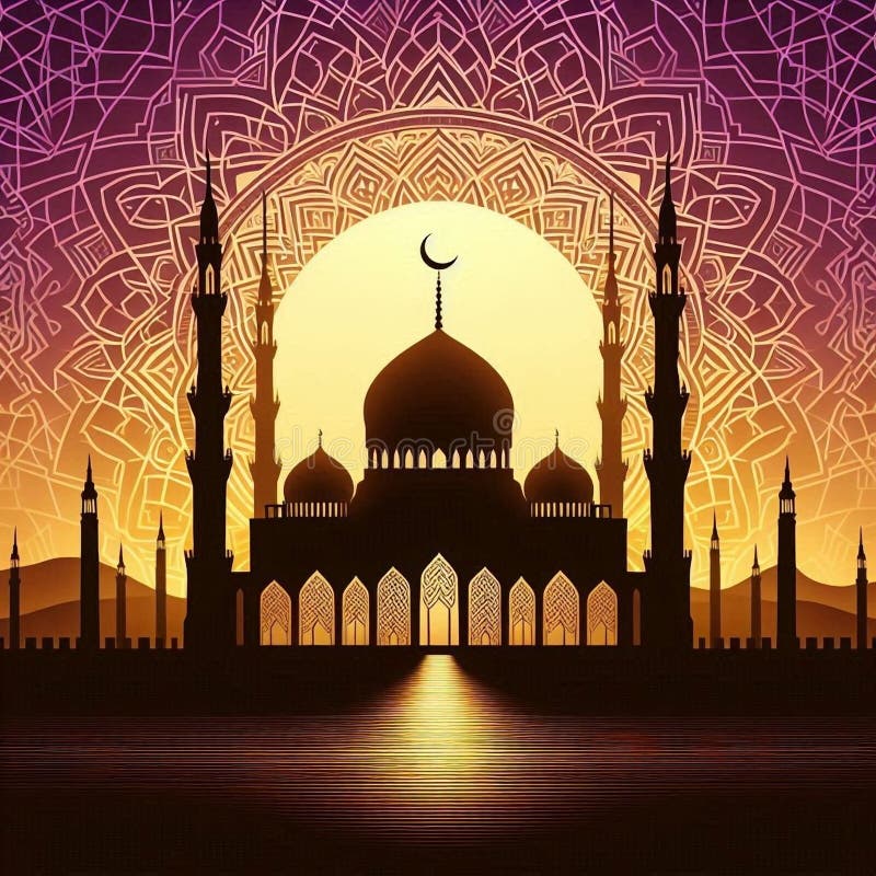 Majestic Masjid and Full Moon Scenery Stock Illustration - Illustration ...
