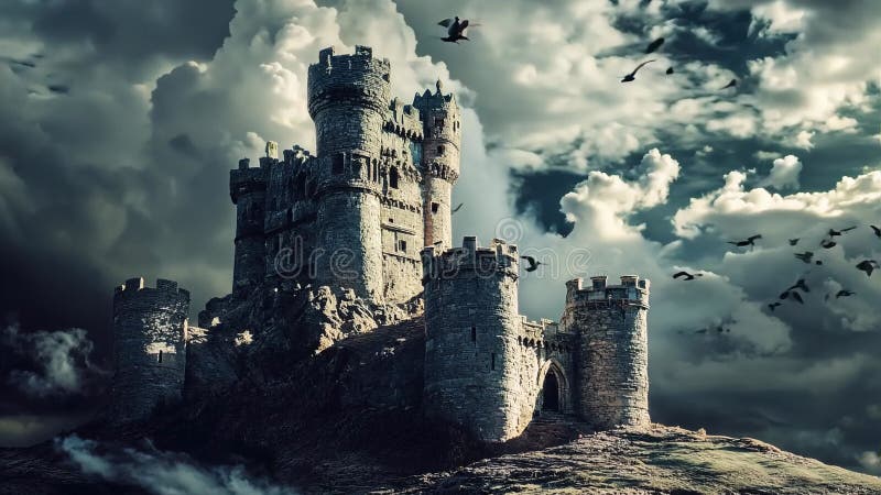 Majestic Medieval Castle with Dramatic Clouds and Birds in Motion Stock ...