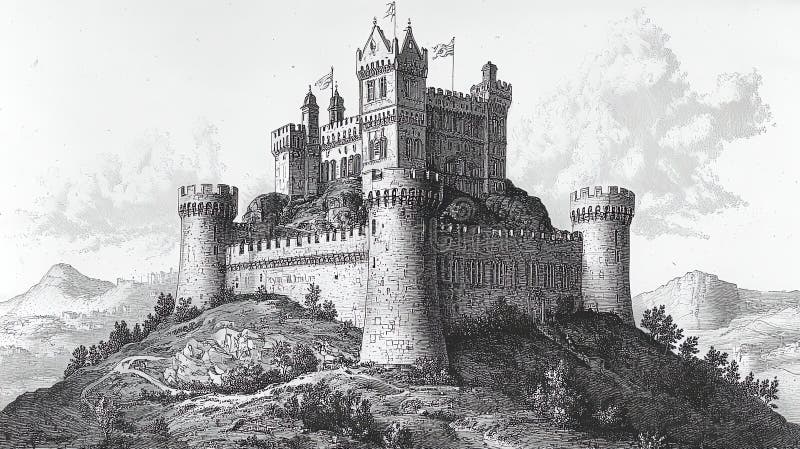 A Majestic Medieval Castle Perched Atop a Hill Stock Illustration ...
