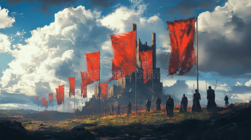 A Majestic Medieval Castle with Red Flags and a Marching Army Under a ...