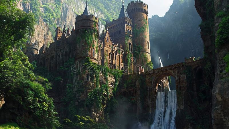 Majestic Medieval Castle with Waterfall in Lush Mountain Landscape ...