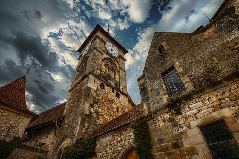 Majestic Medieval Clock Tower Against Dramatic Sky Stock Image - Image ...