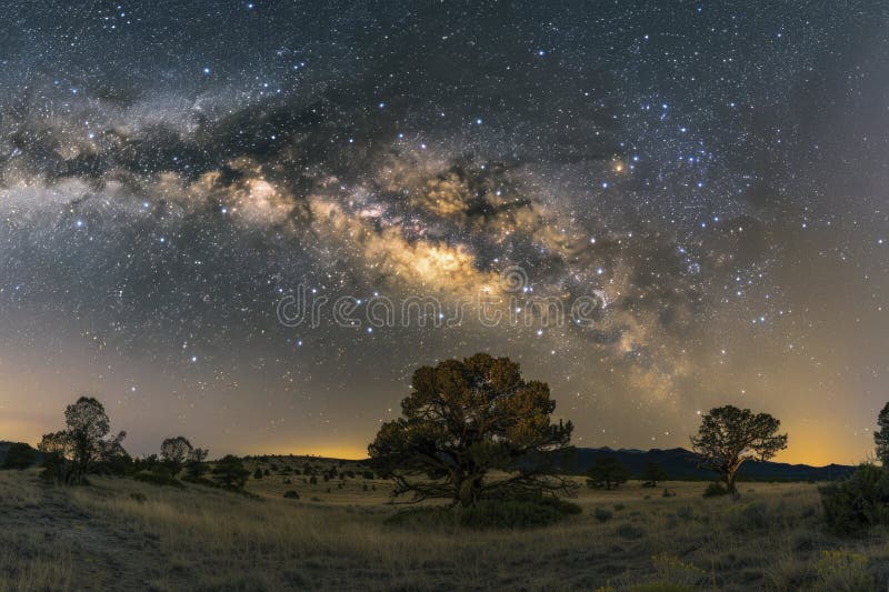 Majestic Milky Way Galaxy Over Serene Nighttime Landscape Stock Photo ...