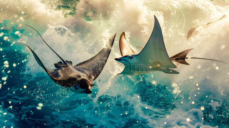 Majestic Mobula Rays Jumping Out of the Turquoise Blue Ocean Water with ...