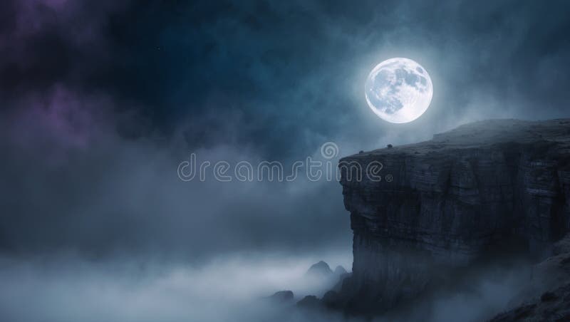 Majestic Moonlight Over a Rocky Cliff with Fog at Night. Stock Image ...