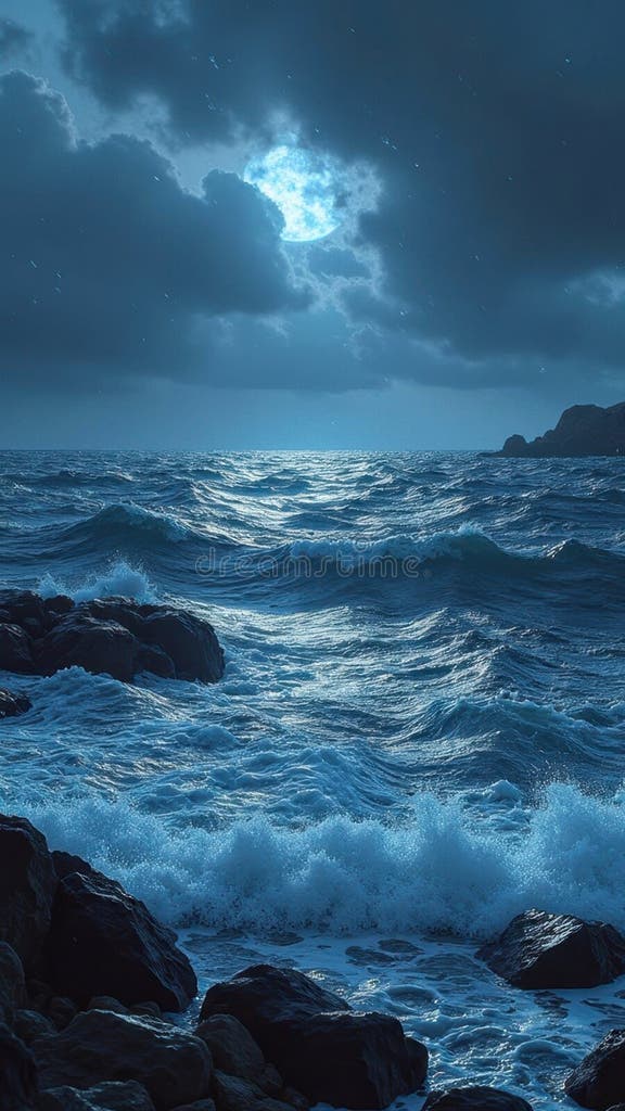 Majestic Moonlit Ocean Waves Under a Dramatic Cloudy Night Sky Stock ...