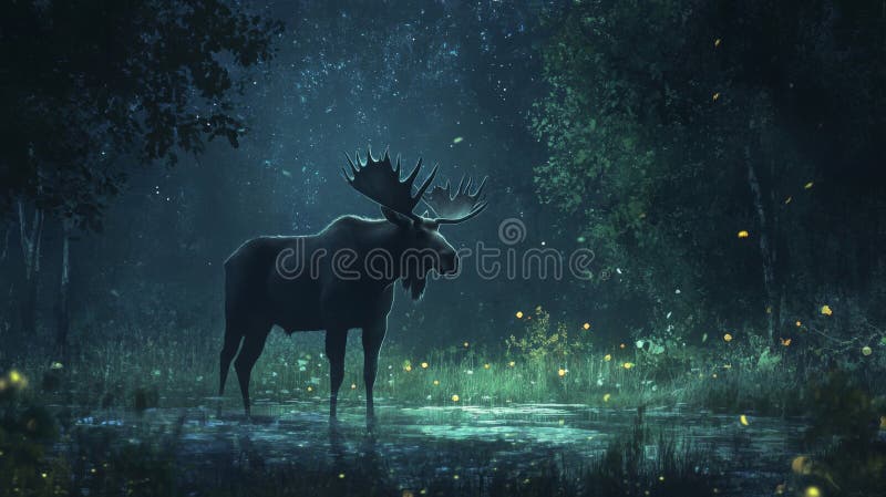Majestic Moose in Dark Enchanted Forest at Night Stock Illustration ...