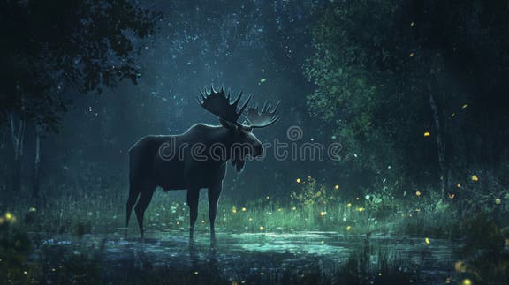 Majestic Moose in Dark Enchanted Forest at Night Stock Illustration ...