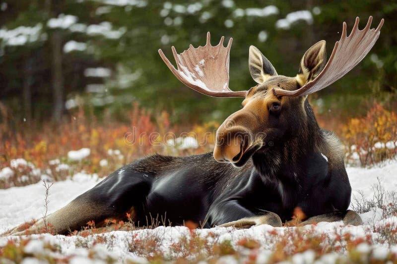 A Majestic Moose Lying Down in a Snowy Field with Evergreen Trees ...