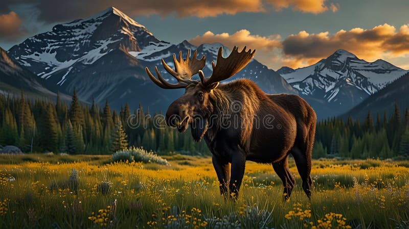 Majestic Moose in a Mountain Meadow at Sunrise Stock Illustration - Illustration of brown, fauna ...