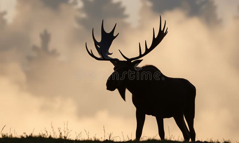 A Majestic Moose Silhouette Against a Dramatic Sunset Sky Stock ...