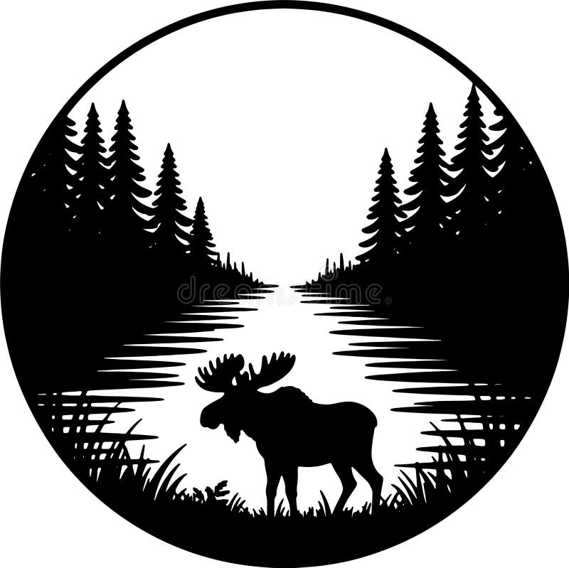 A Majestic Moose Silhouette in a Circle Frame with a Scenic Forest and ...