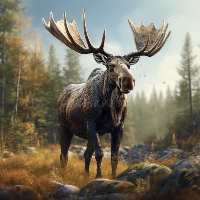 Majestic Moose Standing in a Grassy Field Surrounded by Tall Trees, AI ...