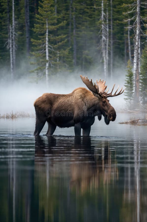 Majestic Bull Moose in Misty Lake at Dawn Stock Illustration ...