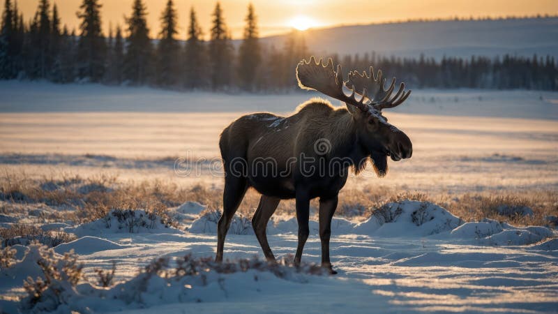 Majestic Bull Moose at Sunset in Snowy Landscape Stock Illustration ...